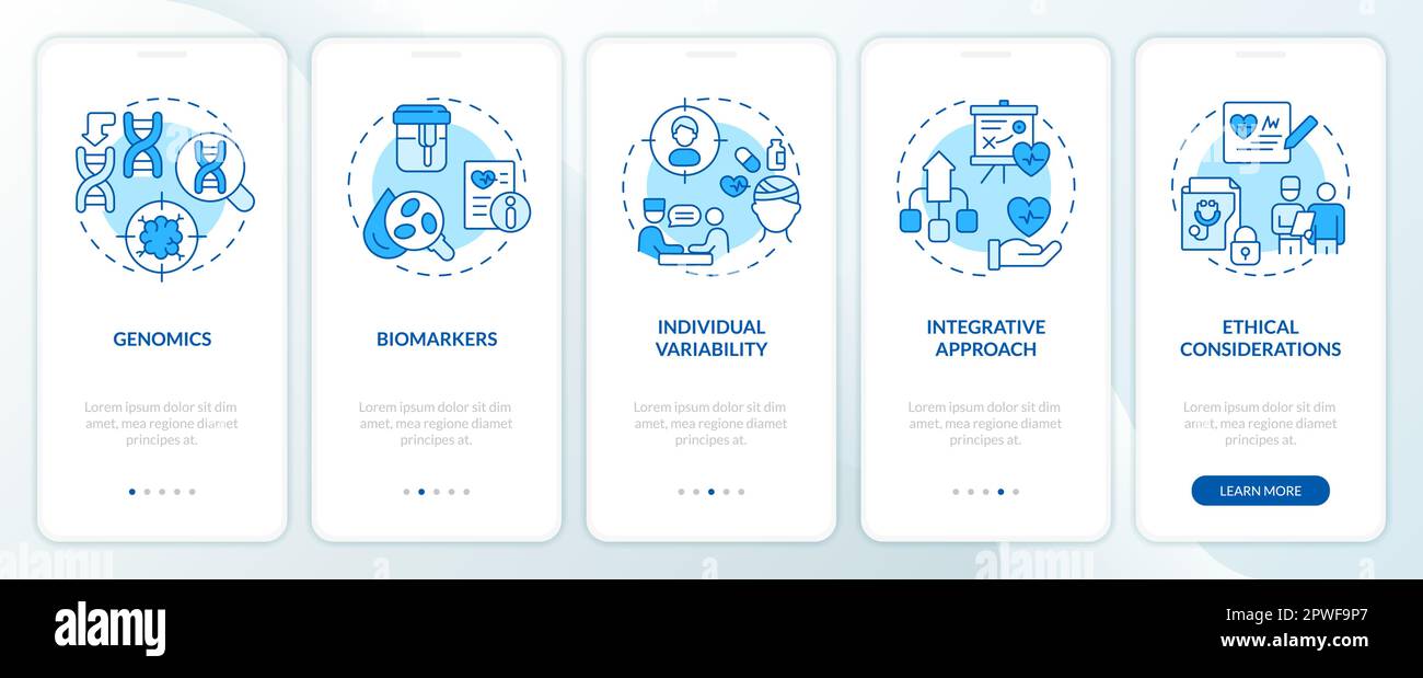 Precision medicine concepts blue onboarding mobile app screen. Walkthrough 5 steps editable ...
