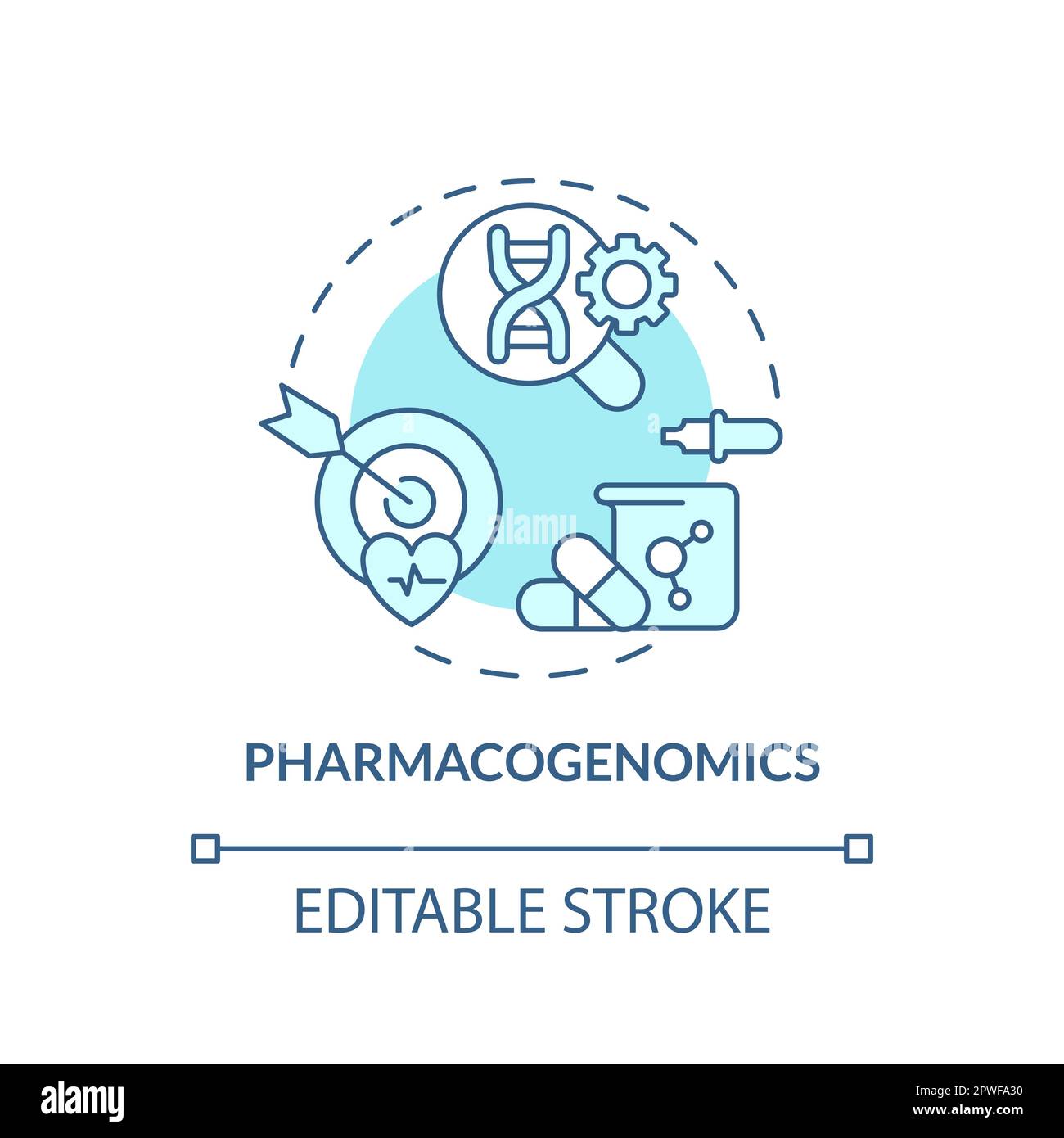 Pharmacogenomics turquoise concept icon. Genes affect on responding to ...