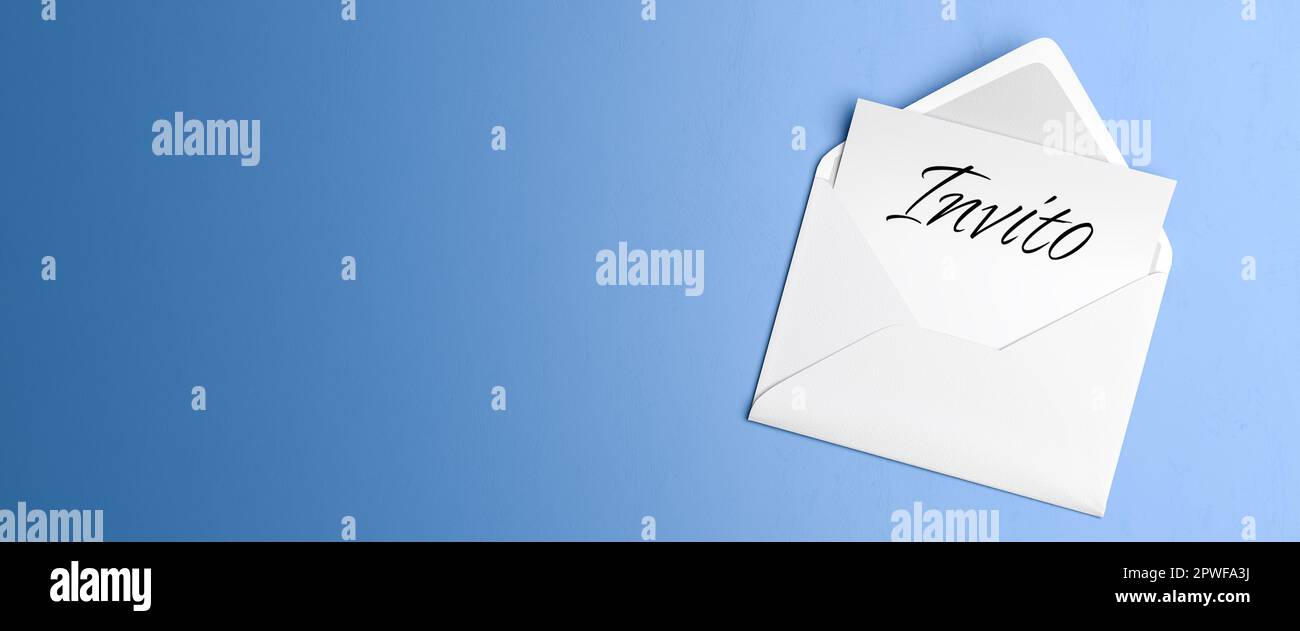 Invitation letter in Italian ("Invito") in an envelope on blue table ...