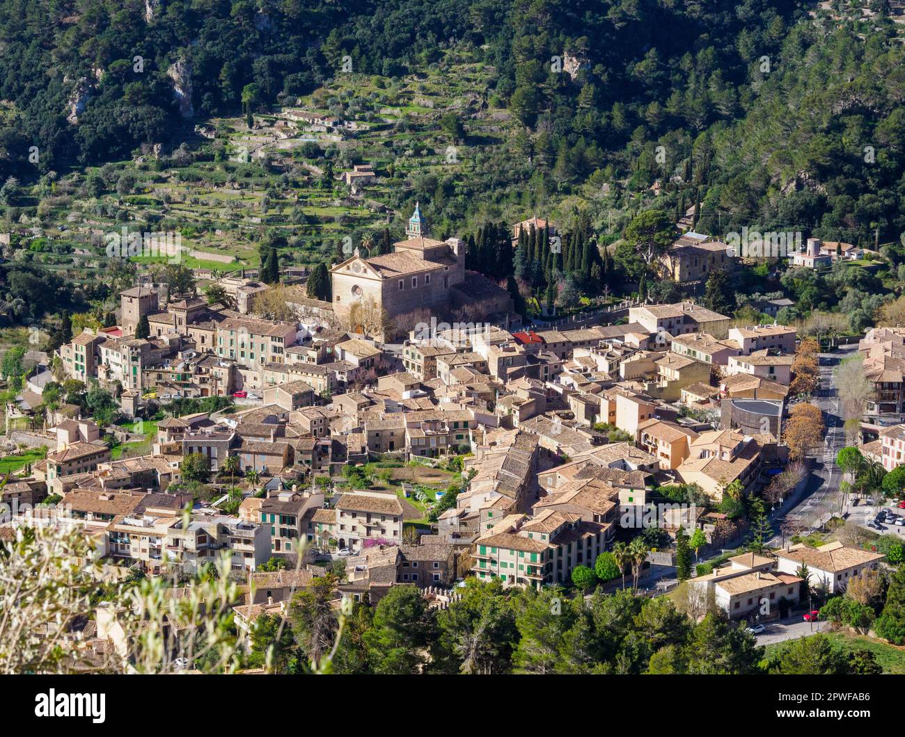 Looking down on the beautiful mountain village of Valldemossa from the ...