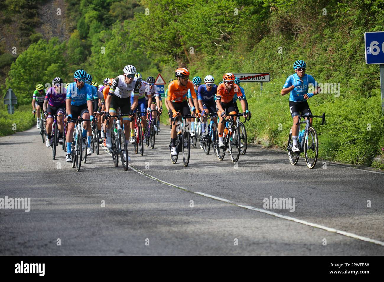 La Florida, Spain, 30th April, 2023: The peloton led by several riders ...