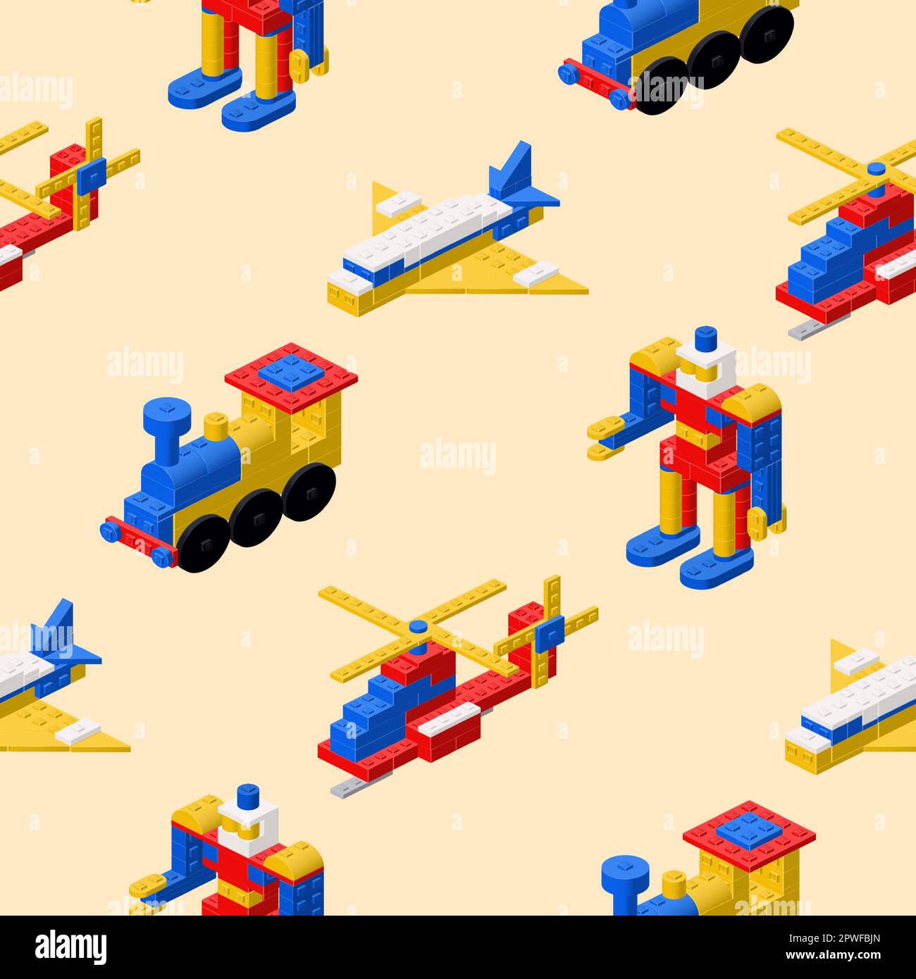 Multi-colored pattern of figures assembled from plastic blocks in ...