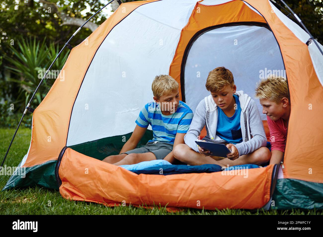 Camping with technology. three young boys using a digital tablet while ...