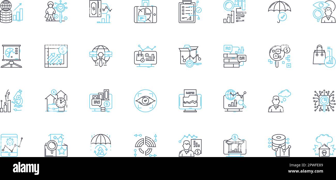 Market evaluation linear icons set. Analysis, Research, Competition, Demand, Supply, Trends ...