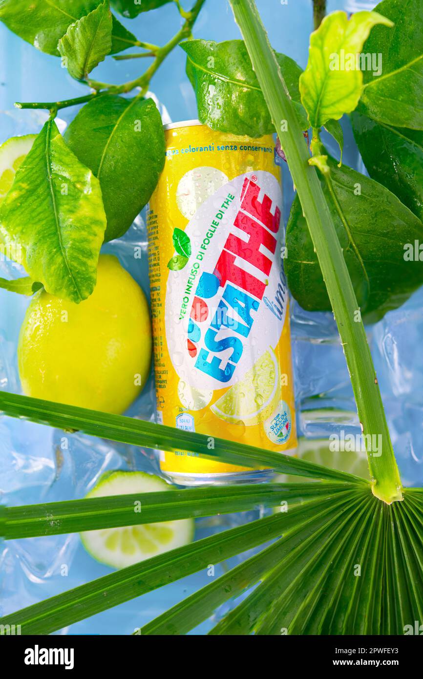 Naples,Italy - 18 april 2023: can of Ferrero Estathe lemon tea drink ...