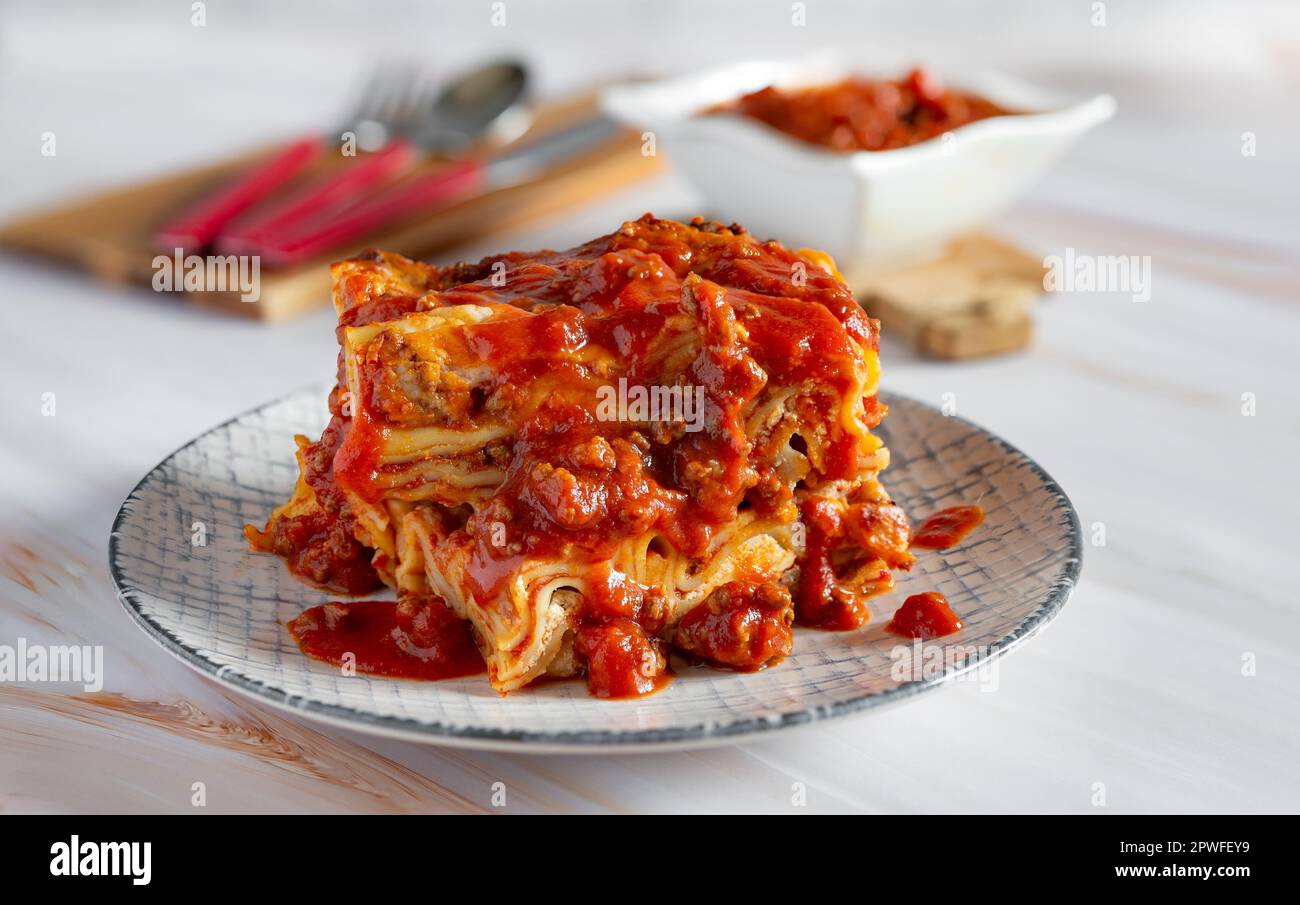 Gastronomic specialty italian baked pasta lasagna with meat ragu sauce ...