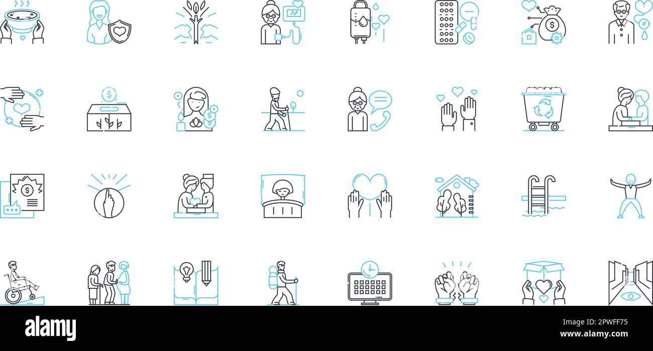 Elderly care linear icons set. Companionship, Mobility, Nutrition ...