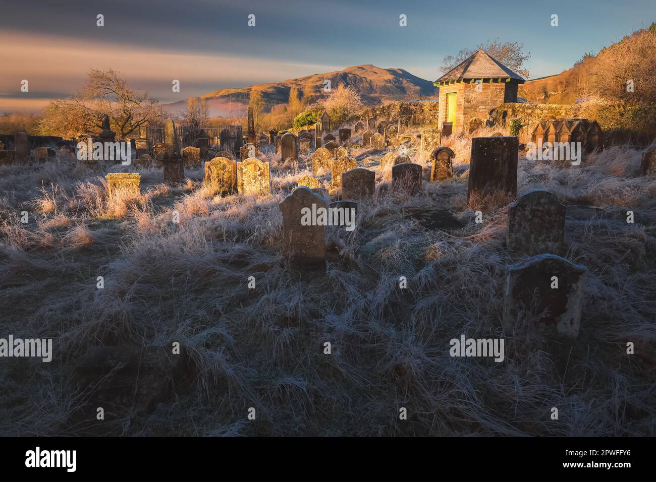 A moody, frosty and overgrown old graveyard cemetery on a winter day at ...