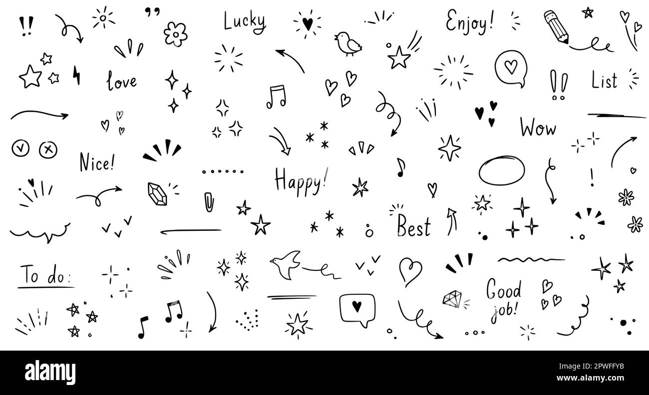 Doodle cute glitter pen line elements. Doodle heart, arrow, star ...