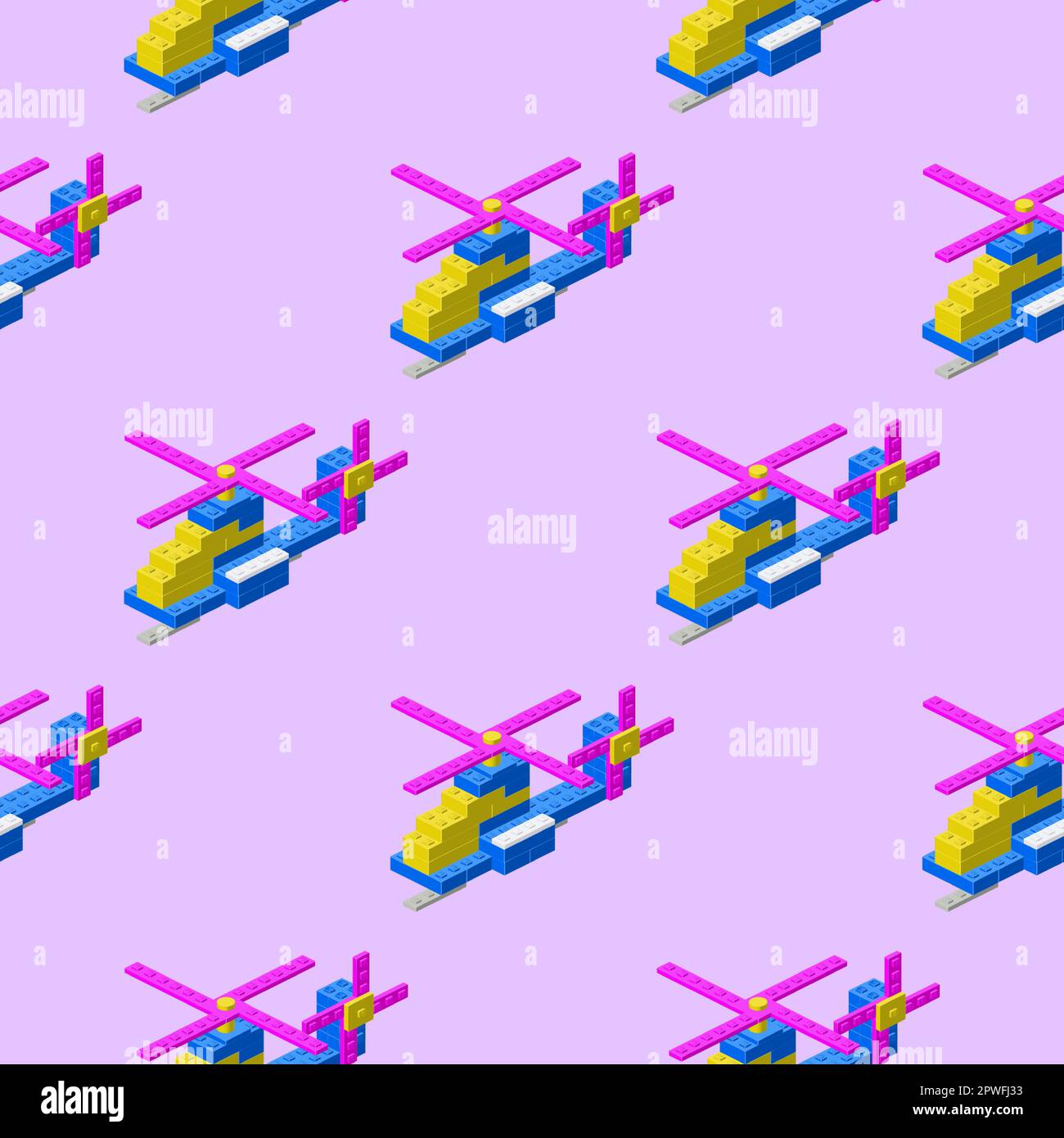 Pattern of toy helicopters assembled from plastic blocks in isometric ...