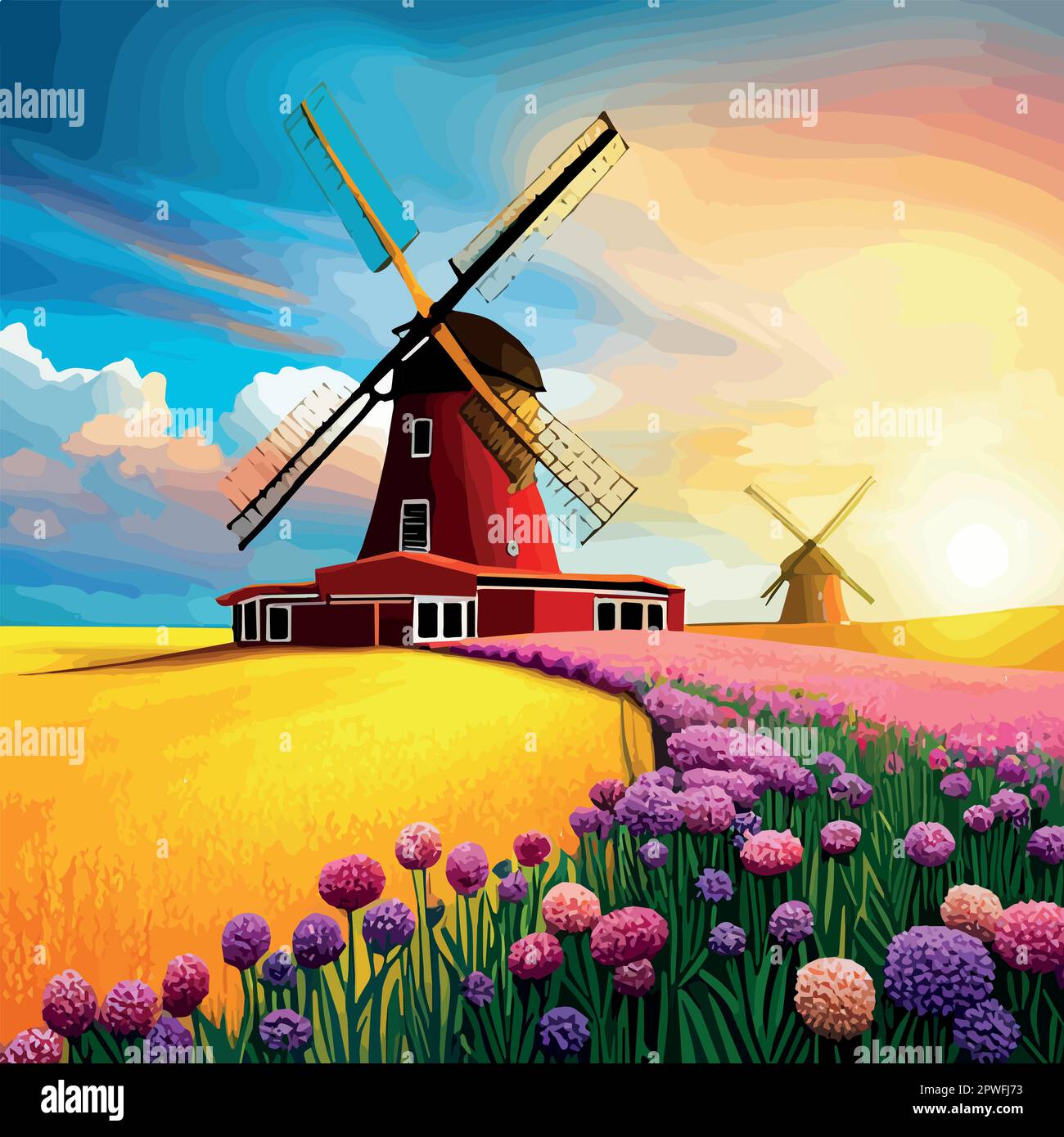 Spring tulip landscape at sunset Stock Vector Images - Alamy