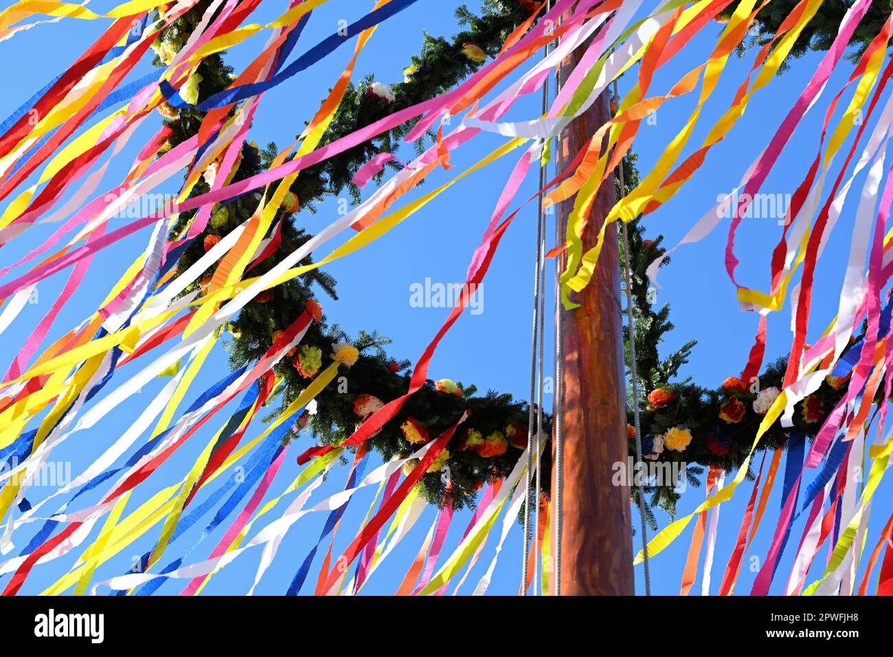 Leer, Germany. 30th Apr, 2023. The wreath of this year's maypole at the ...