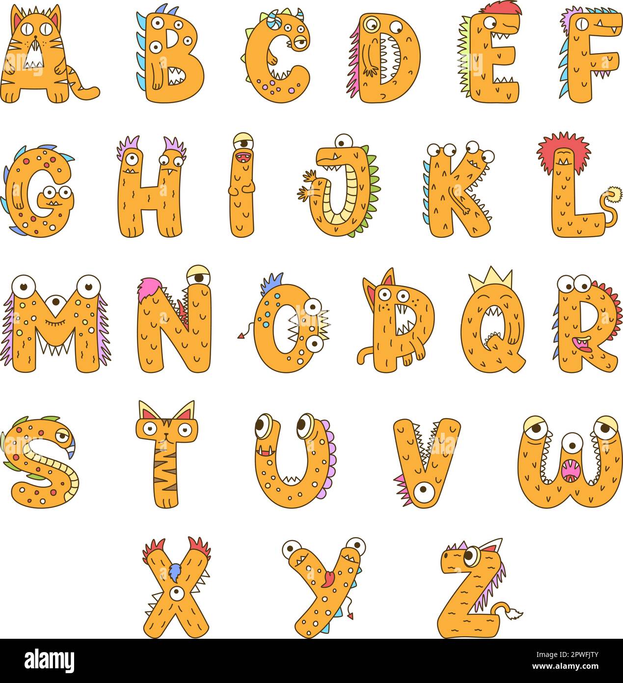 English alphabet with cute and funny cartoon style monsters. Cartoon ...