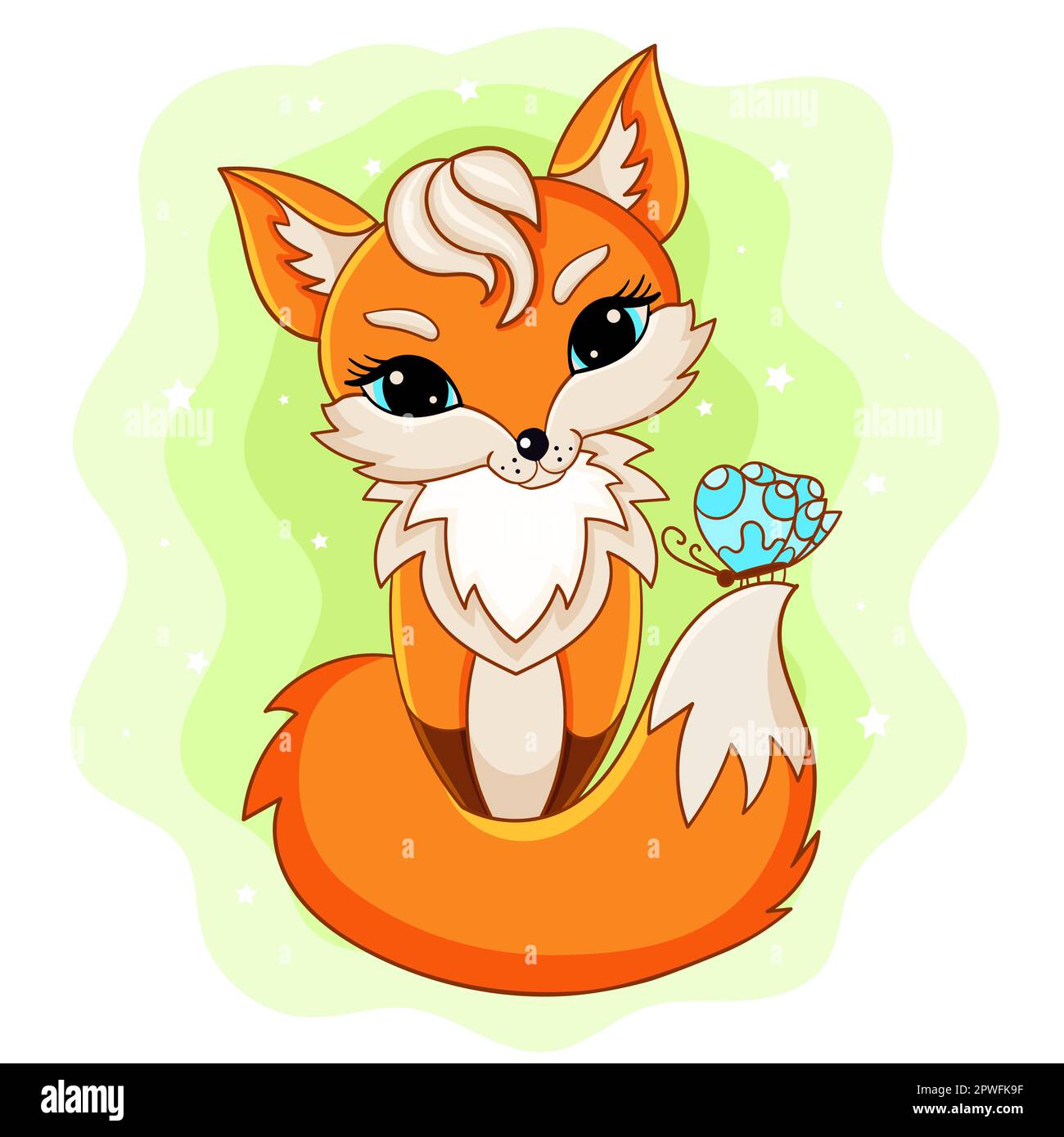 Little fox with a butterfly. Vector illustration Stock Vector Image ...