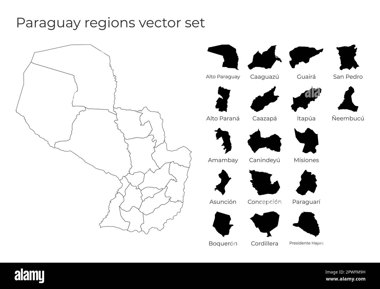 Paraguay map with shapes of regions. Blank vector map of the country ...