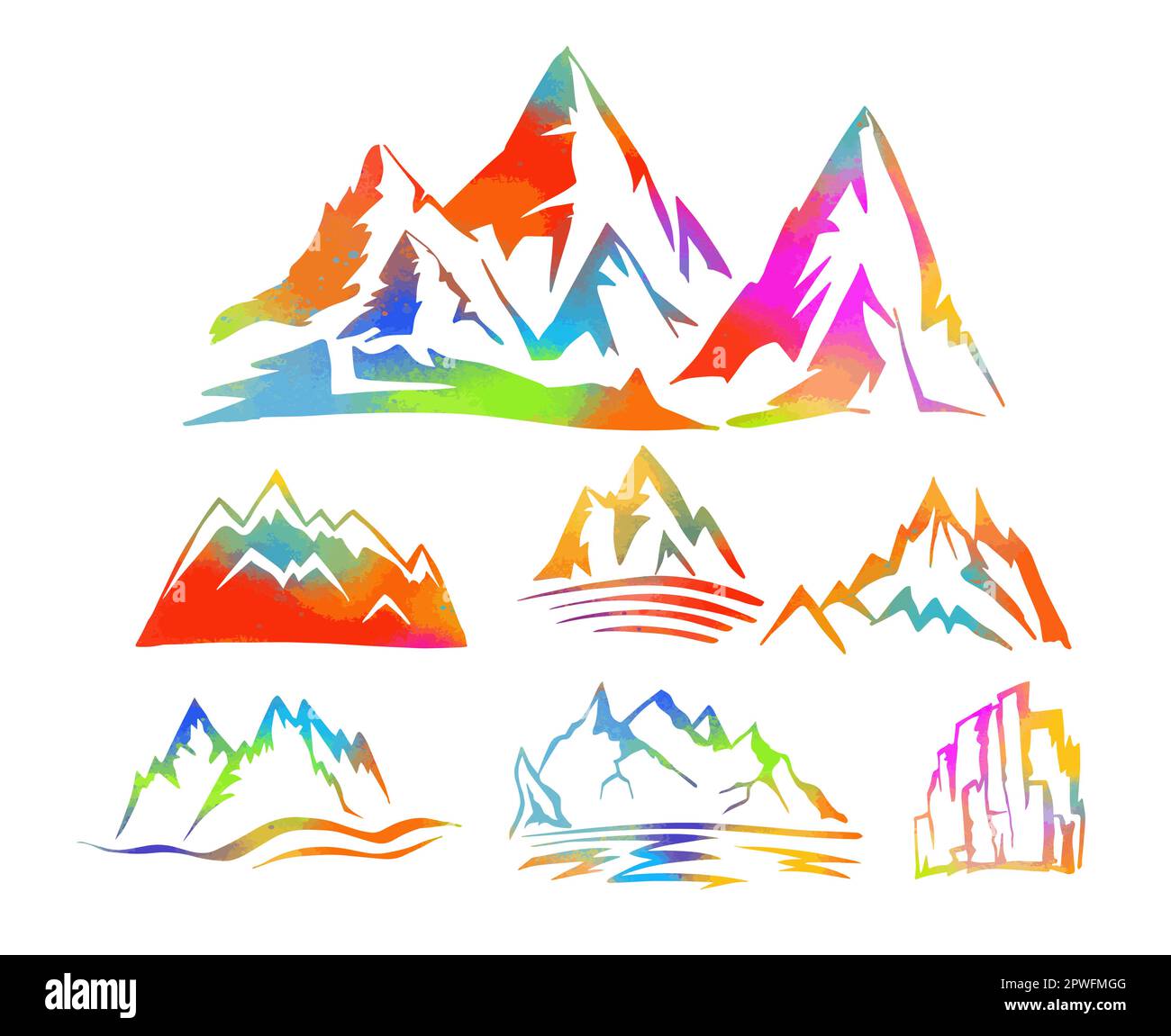 Set of rainbow mountains. Colorful mountains. Mixed media. Vector ...
