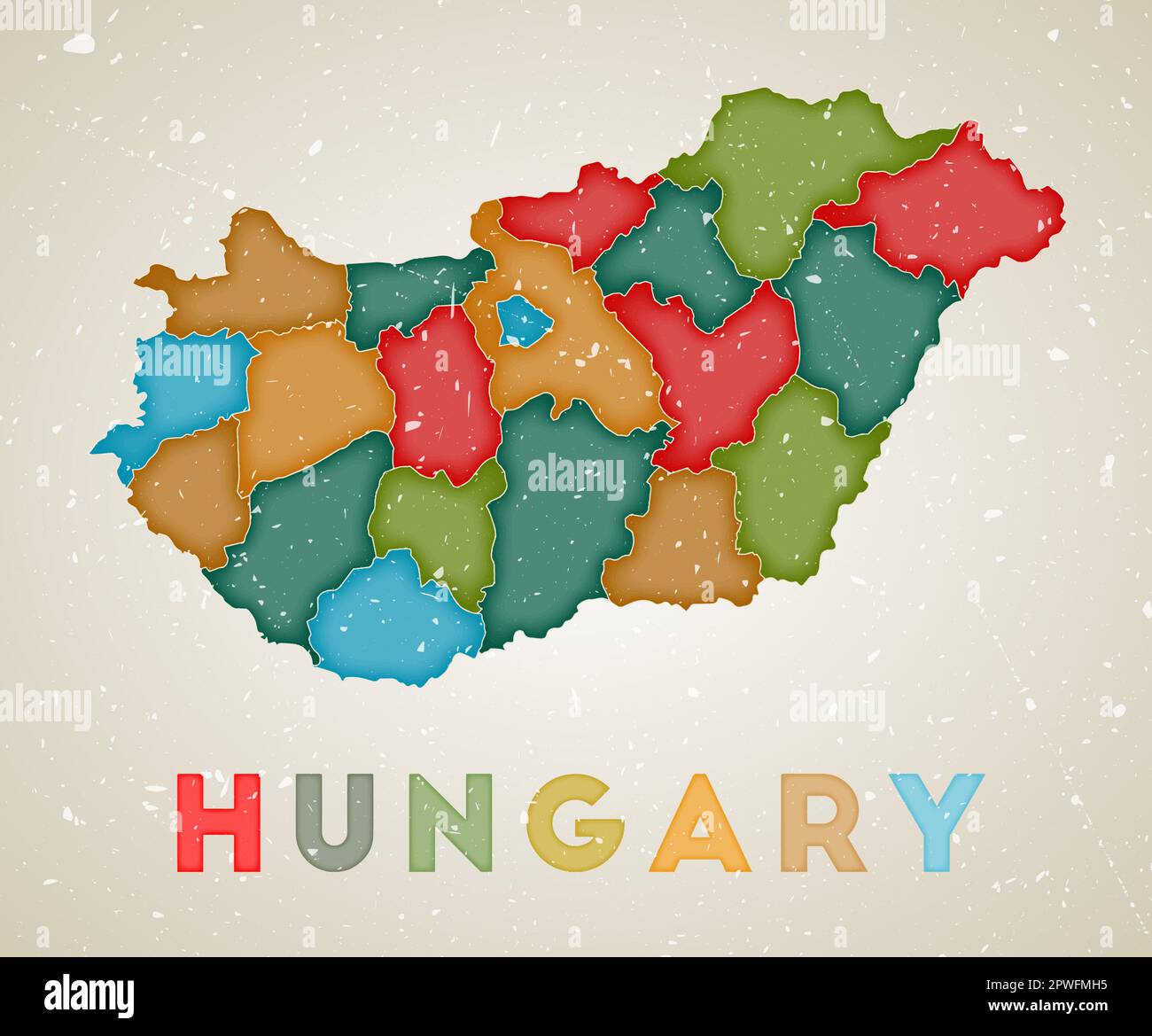 Hungary map. Country poster with colored regions. Old grunge texture ...