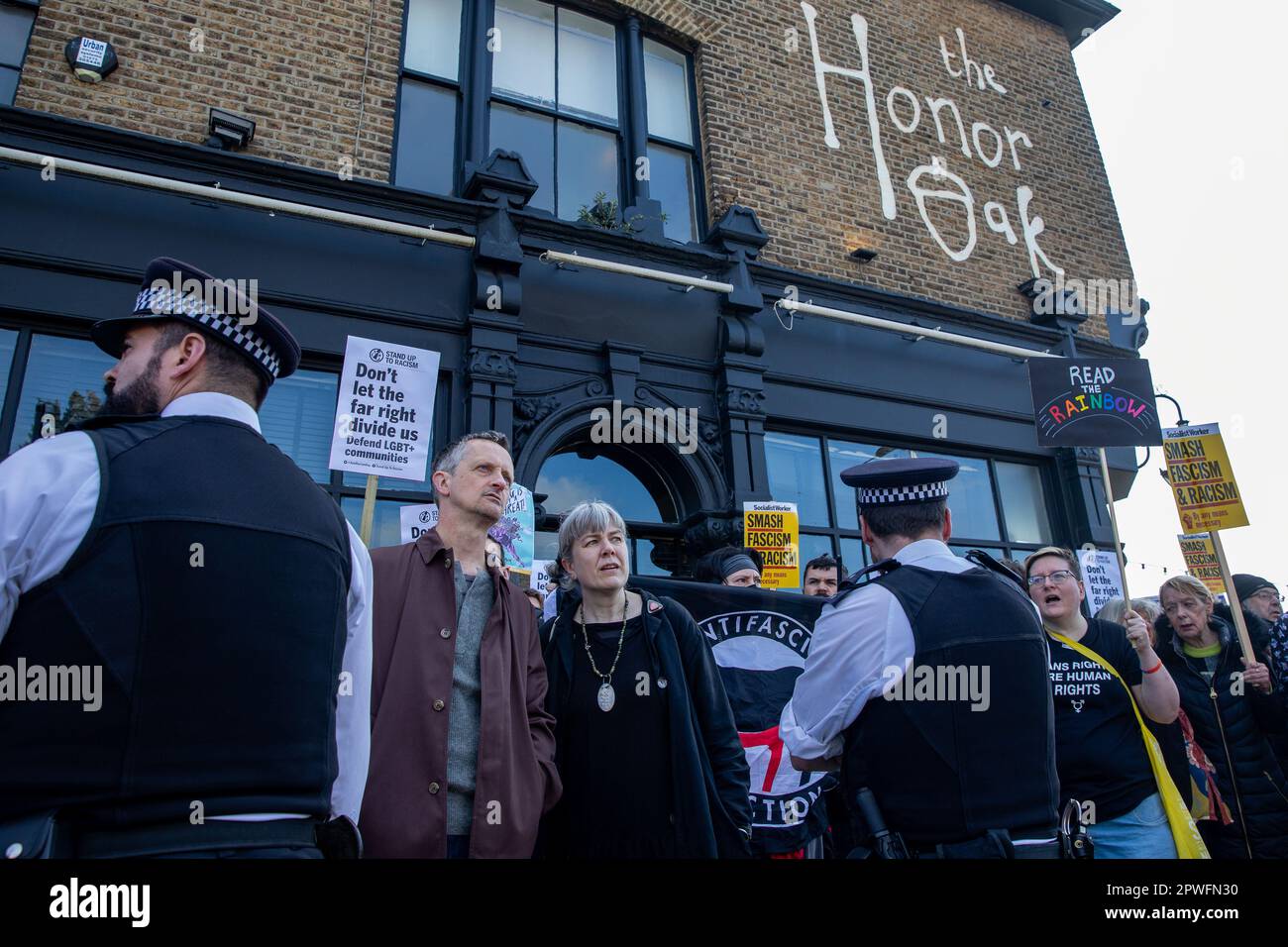 London, UK. 29th April, 2023. Anti-fascists, LGBTIQA+ people and local ...
