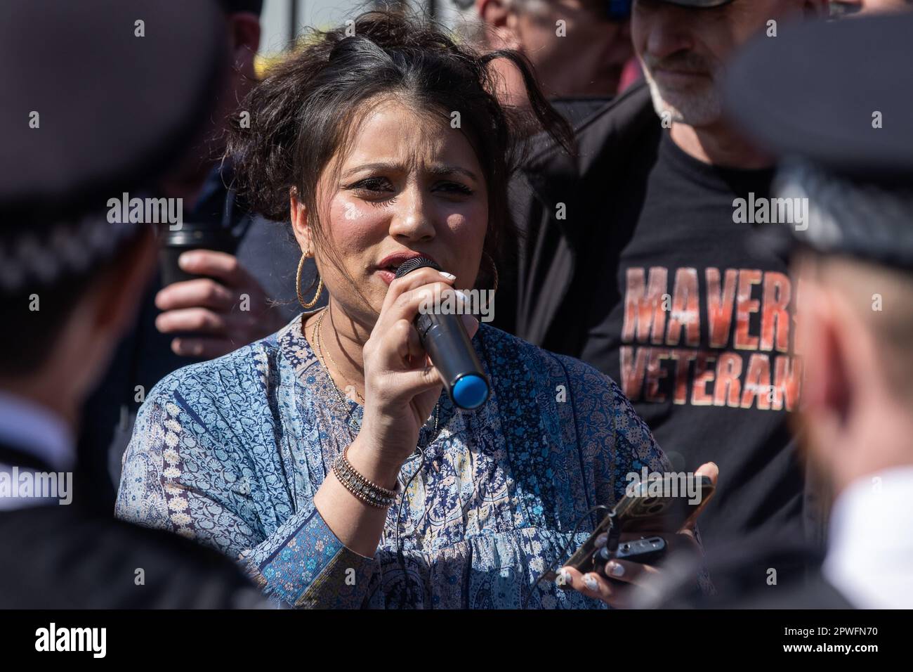 London, UK. 29th April, 2023. A speaker addresses supporters of Turning ...