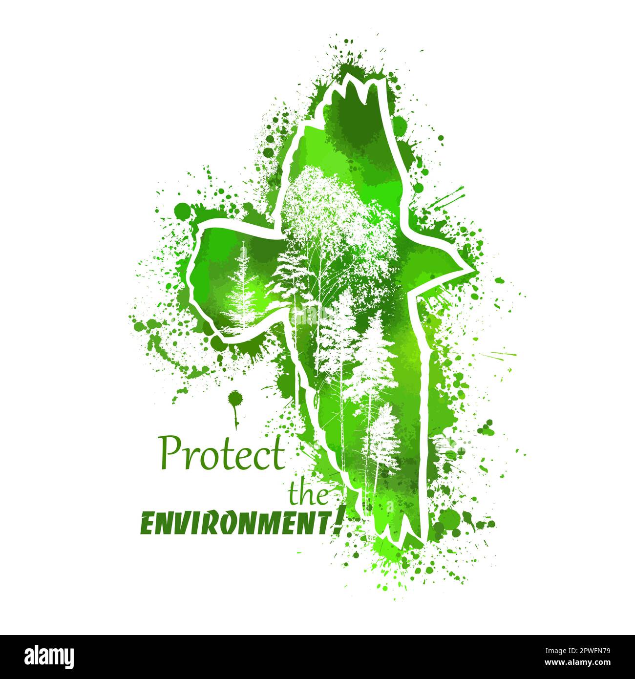 Bird watercolor. Green flying bird from blots. T-shirt print. Protect ...