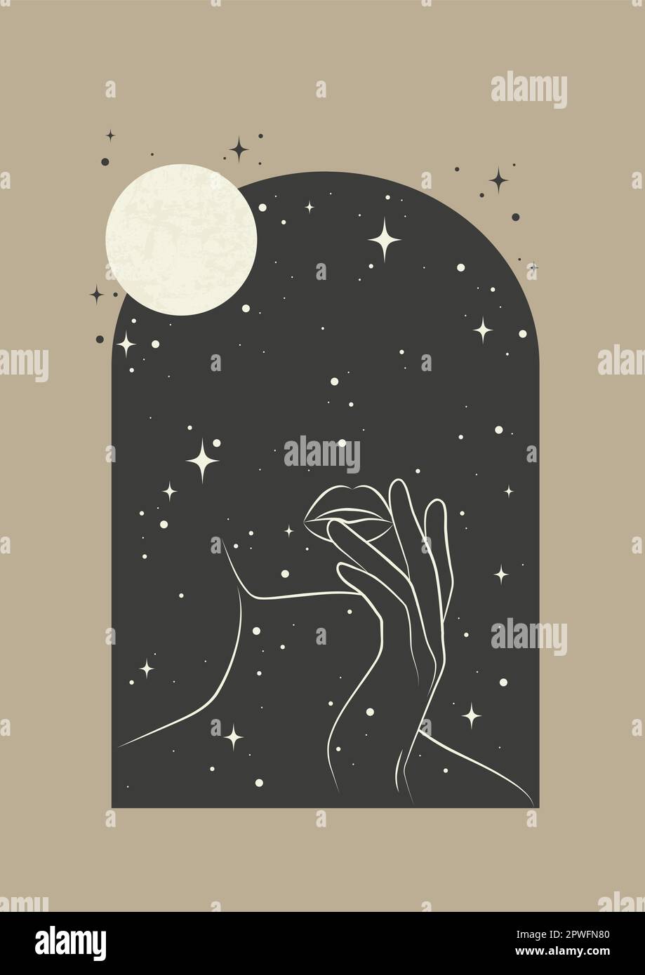 Mystical drawing with face, moon and stars poster. Astrology or sacred ...