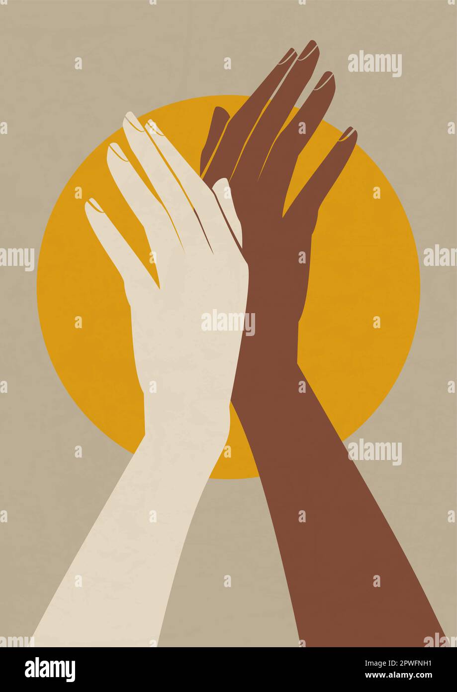 Sun with lovely hands silhouette poster illustration. Multiethnic love ...