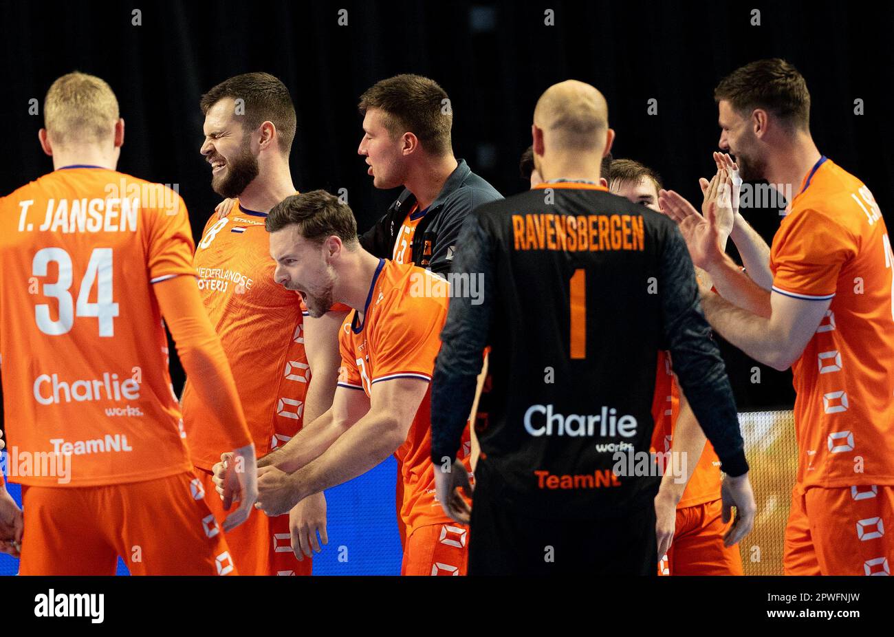 ALMERE - The Dutch men's handball team celebrate their victory during ...