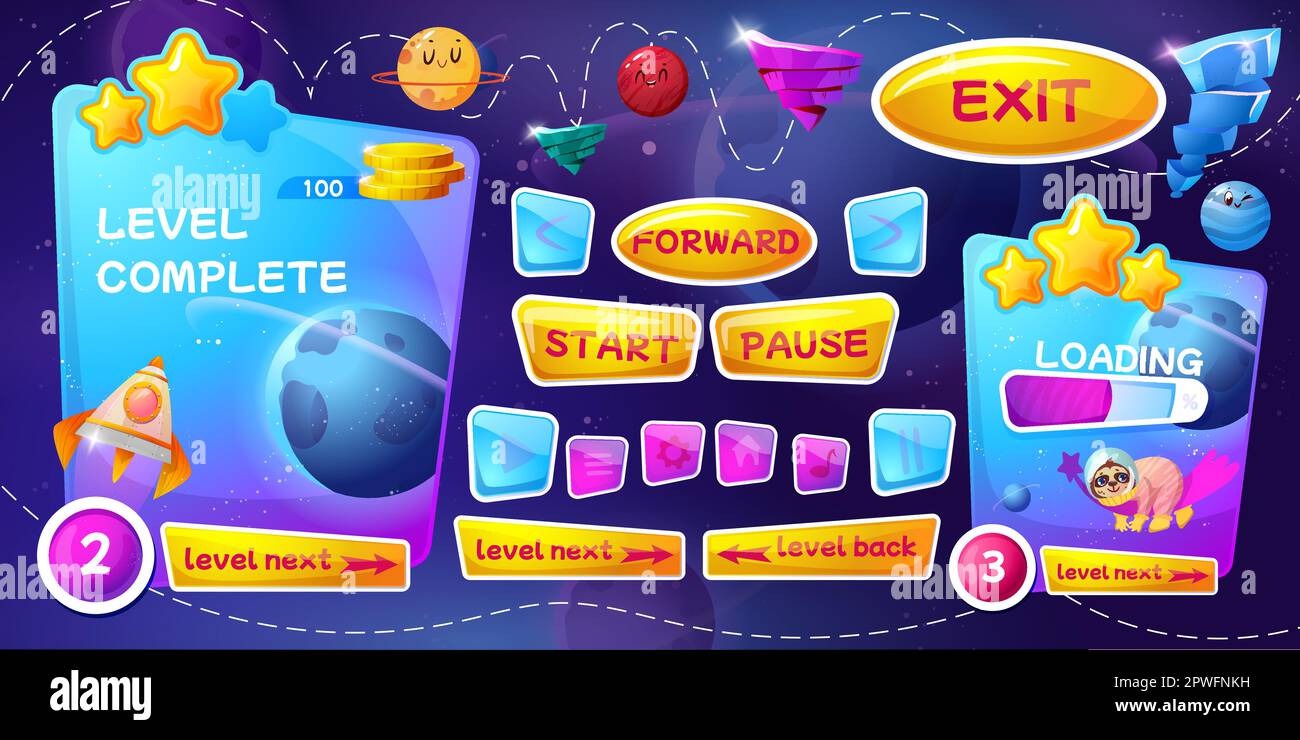Cartoon graphic user interface with items for space game. App gui ... Cartoon graphic user interface with items for space game. App gui ...