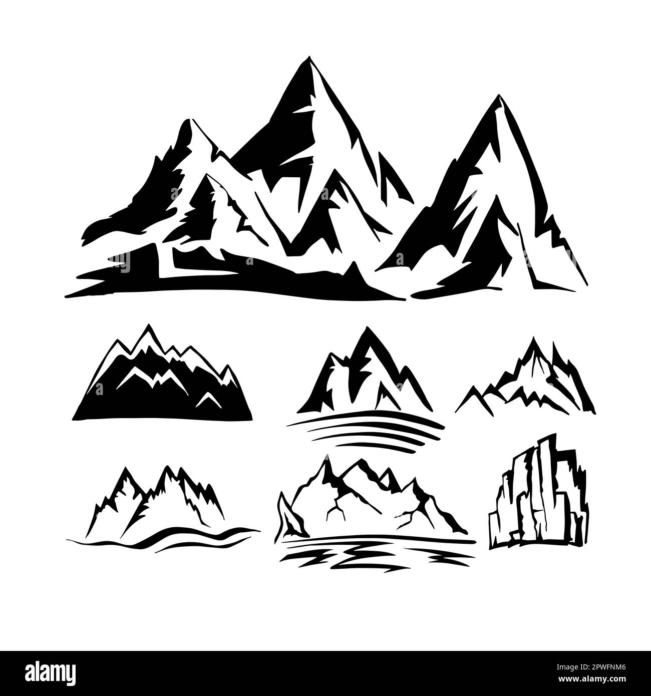 Set of monochrome mountains. Graphic mountains. Mixed media. Vector ...