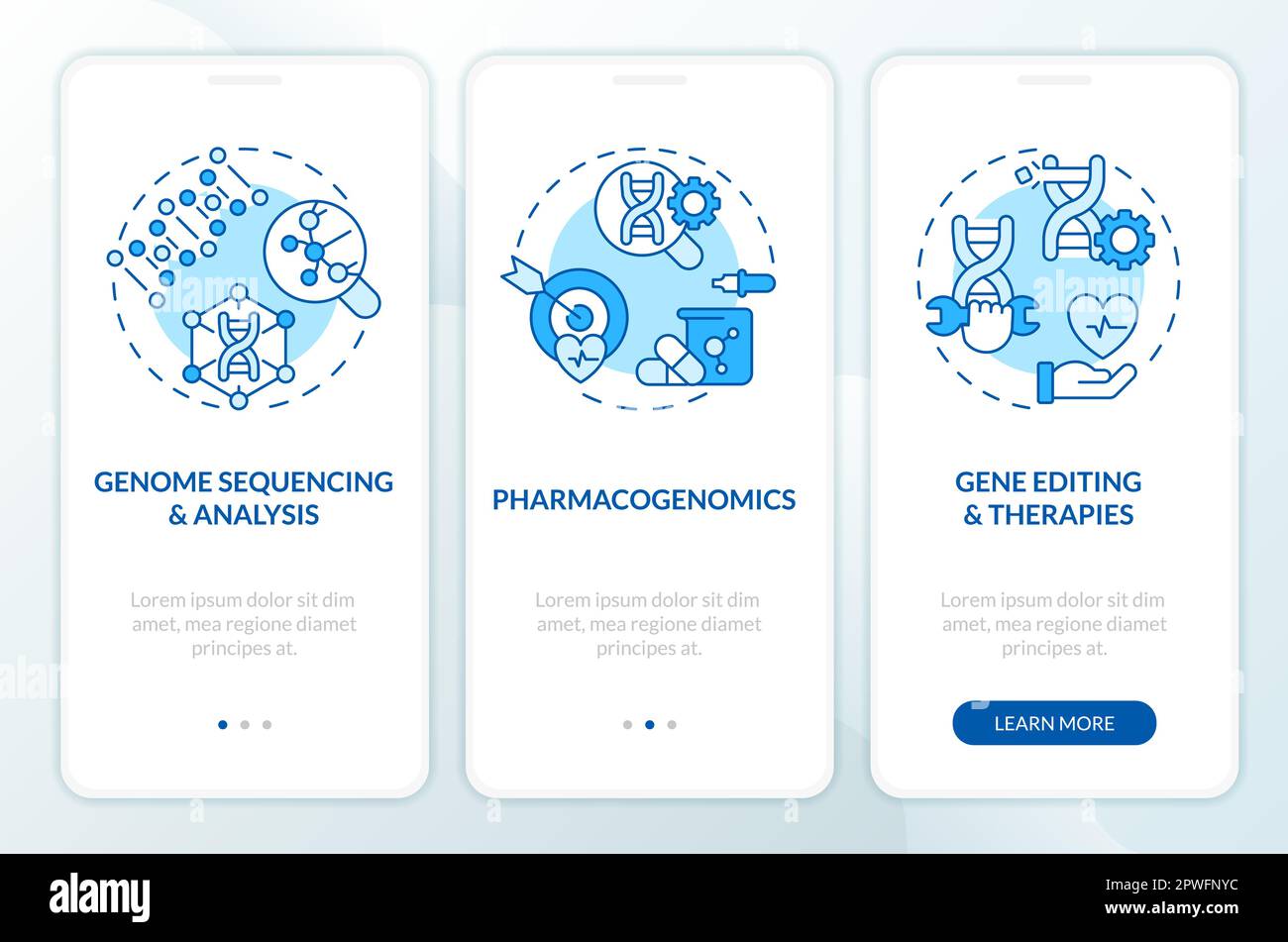 Genomic medicine blue onboarding mobile app screen. Genes study ...
