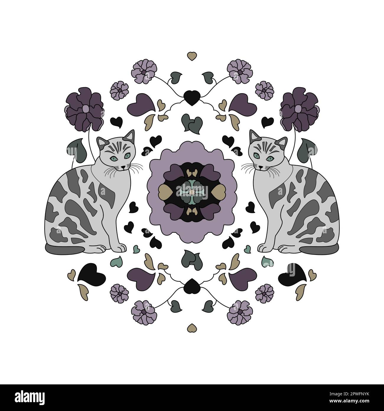 Pattern. Cat Mandala with hearts and flowers. Vector illustration Stock ...