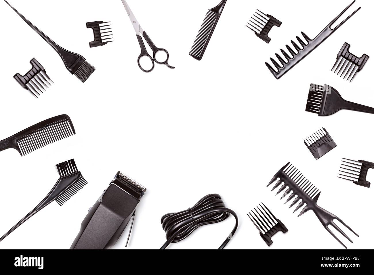 Set of professional hairdressing accessories isolated on white ...