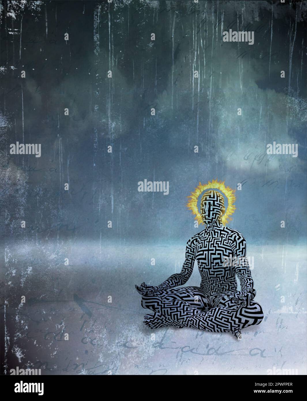 Man with maze pattern and burning halo meditates Stock Photo - Alamy