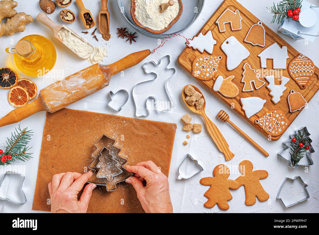 Christmas gingerbread different shaped with ingredients for gingerbread ...