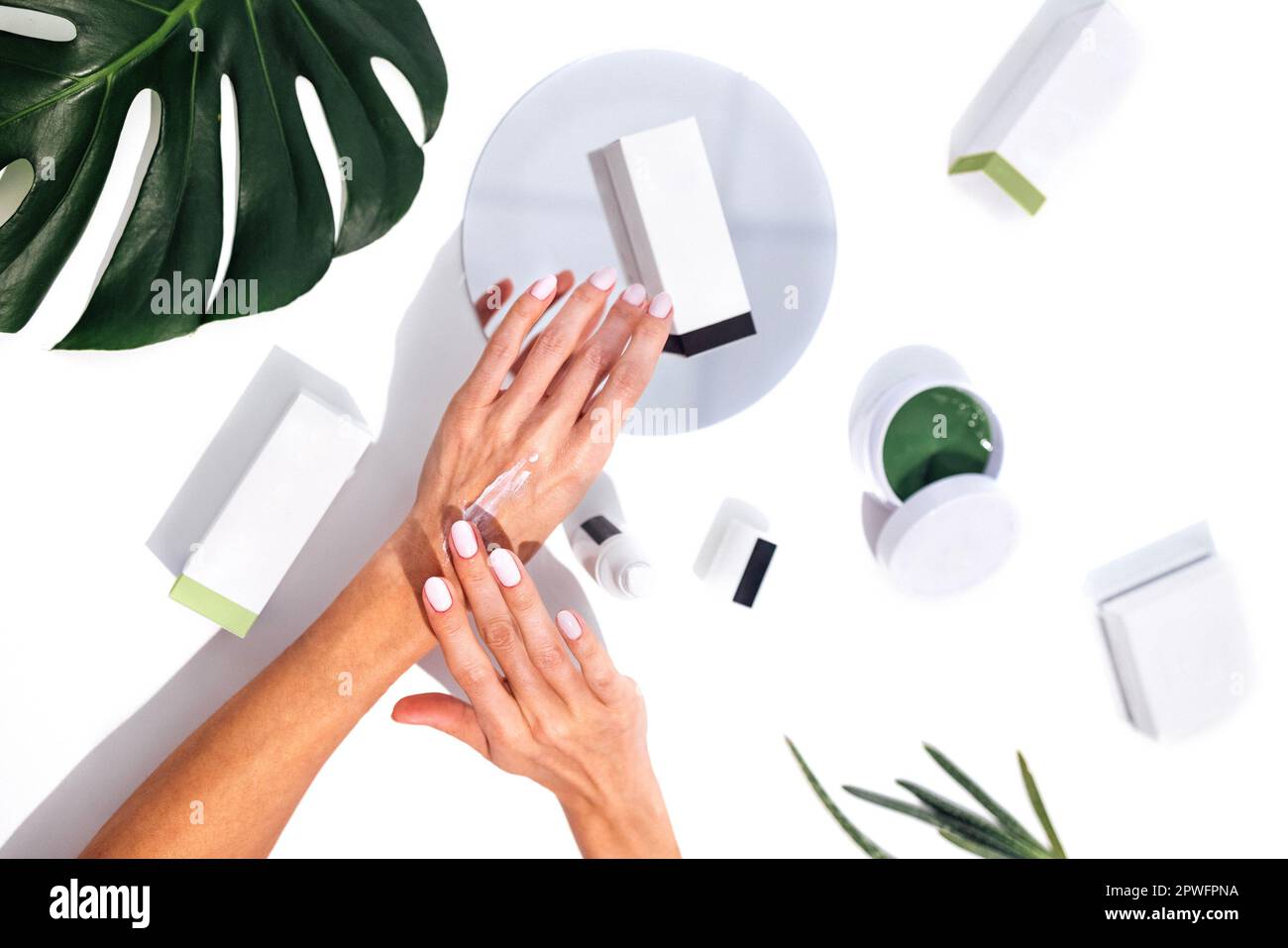 Close up of well groomed female hands applying softening cosmetic cream ...