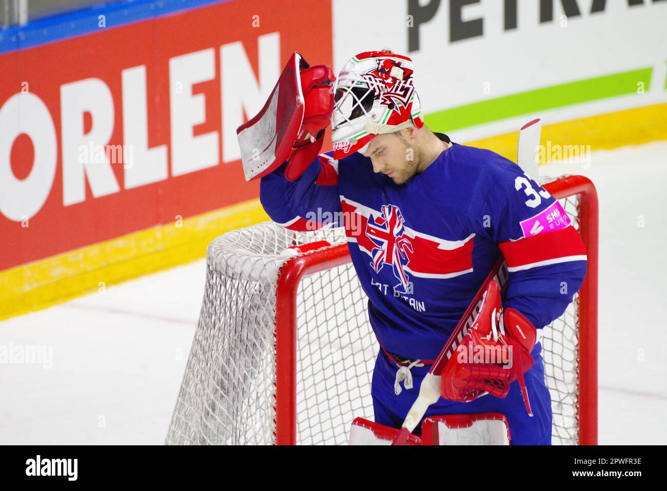 Nottingham, 30 April 2023. Ben Bowns playing in goal for Great Britain ...