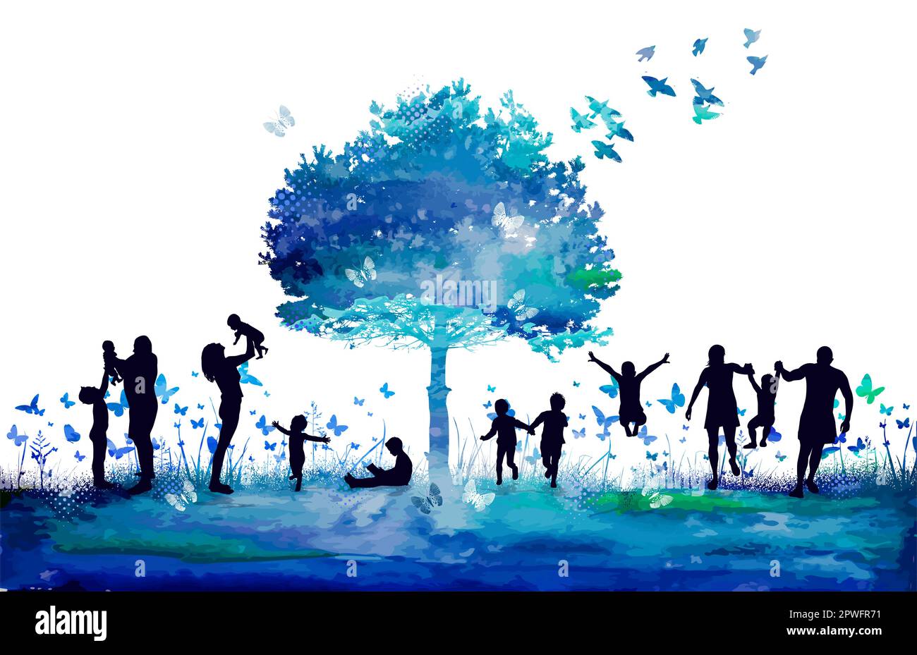 Abstraction Family outdoors. Magical blue tree with butterflies. Vector ...