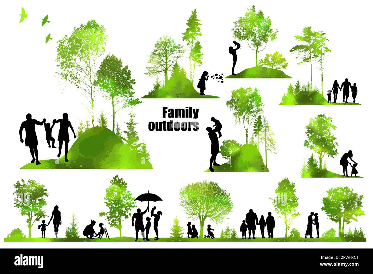 Family Set. Parents with a child outdoors. People walk in nature ...