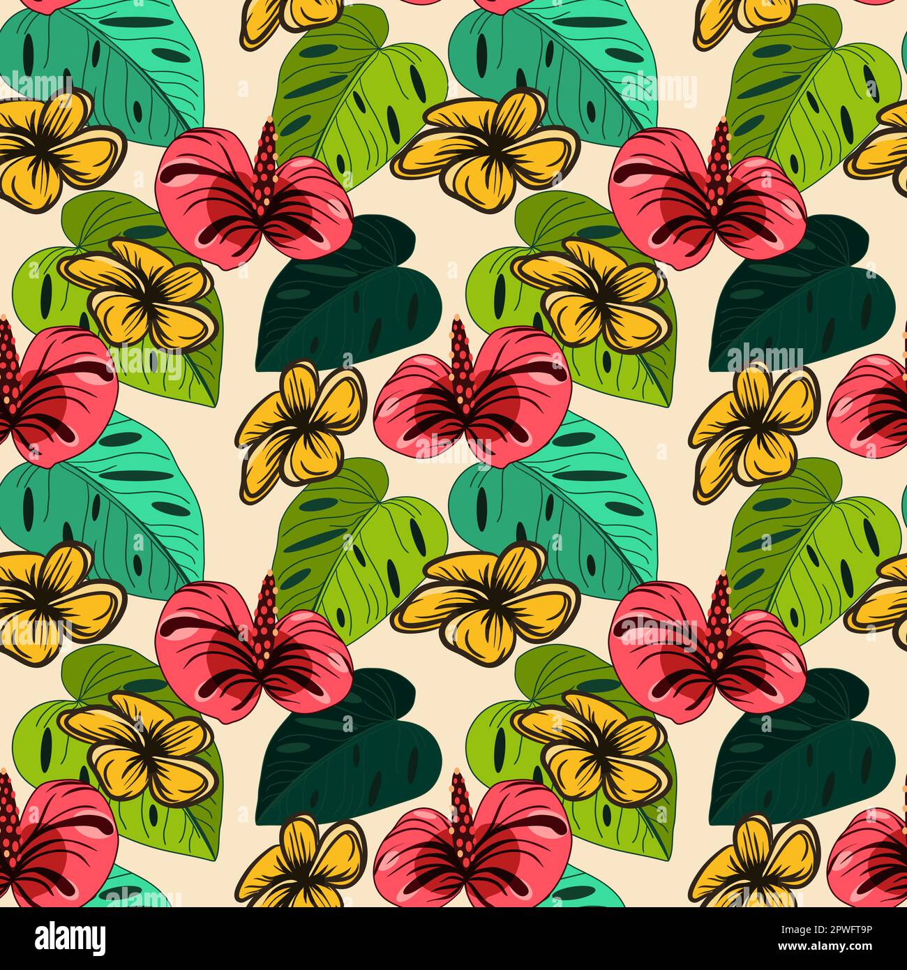Seamless floral pattern with plumeria flowers and tropical leaves ...