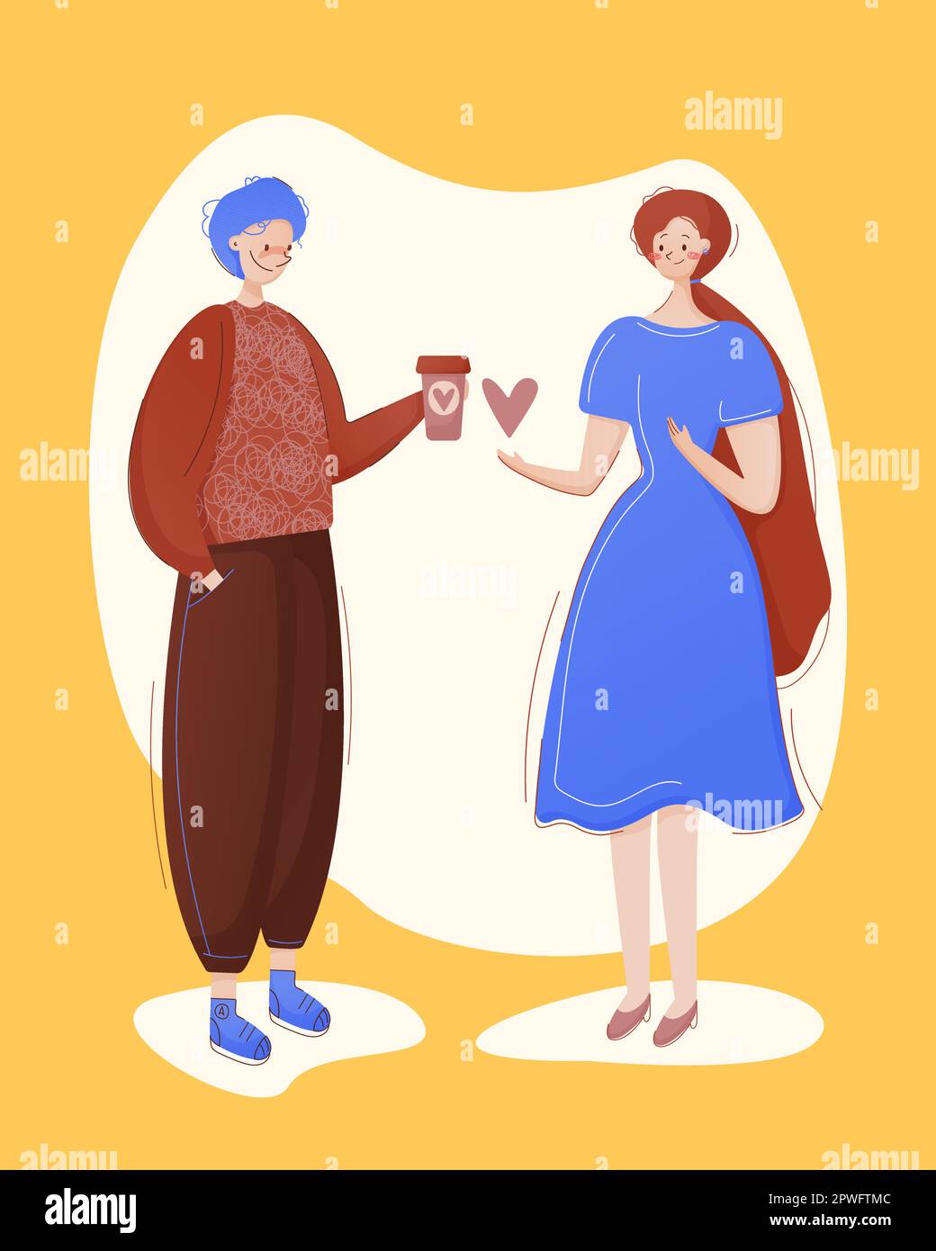 Cute happy shy couple of lovers.First date with coffee.February 14 ...