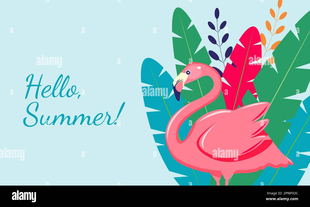 Summer background with flamingo and palm leaves. Hello summer. Vector ...