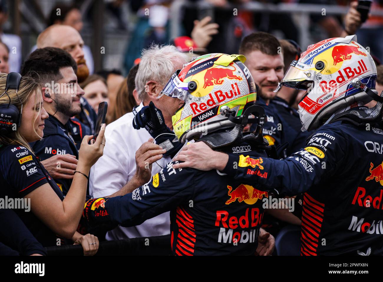 PEREZ Sergio (mex), Red Bull Racing RB19, portrait celebrating the ...