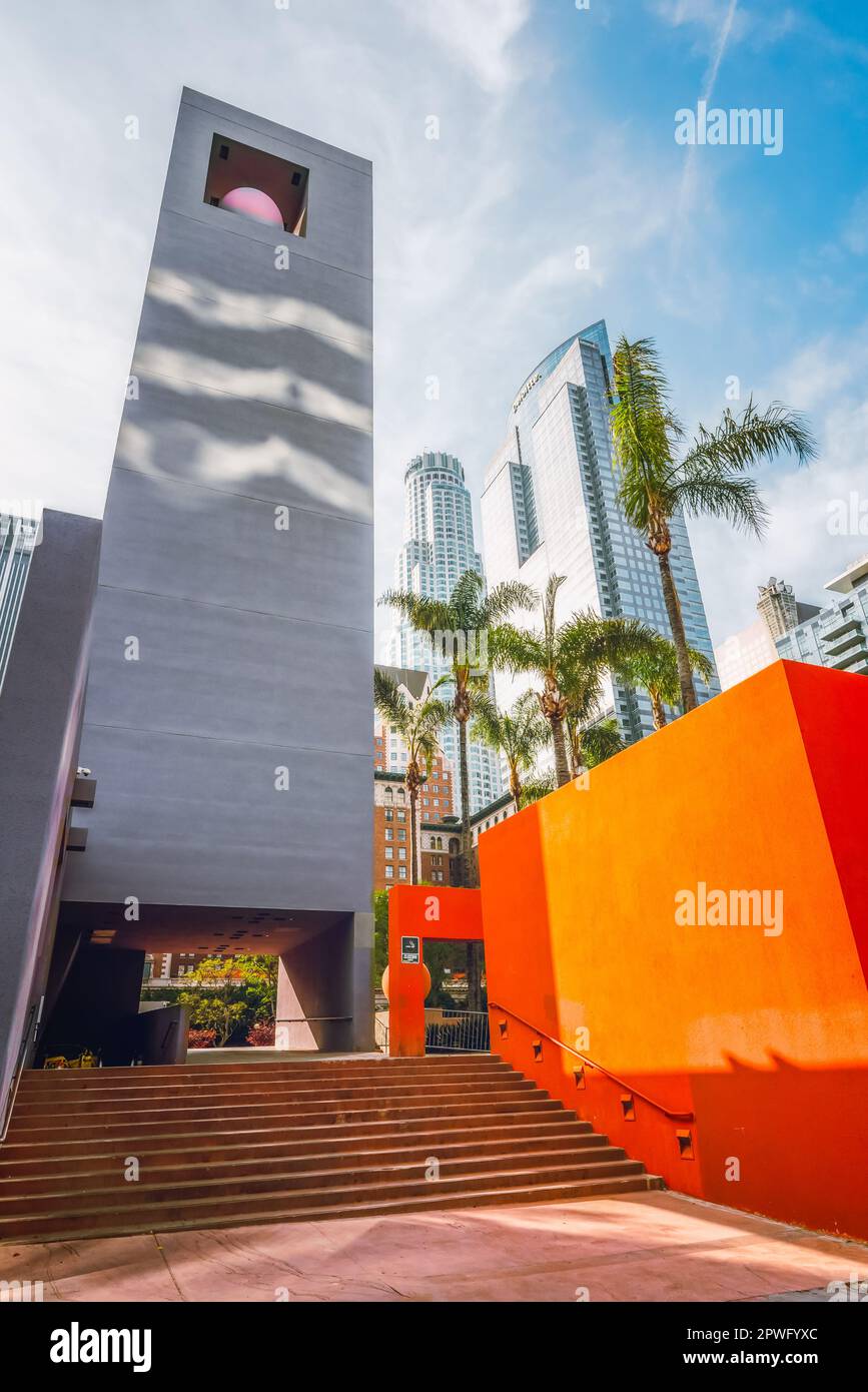 Los Angeles, California, USA - April 25, 2023. Pershing Square, a small ...
