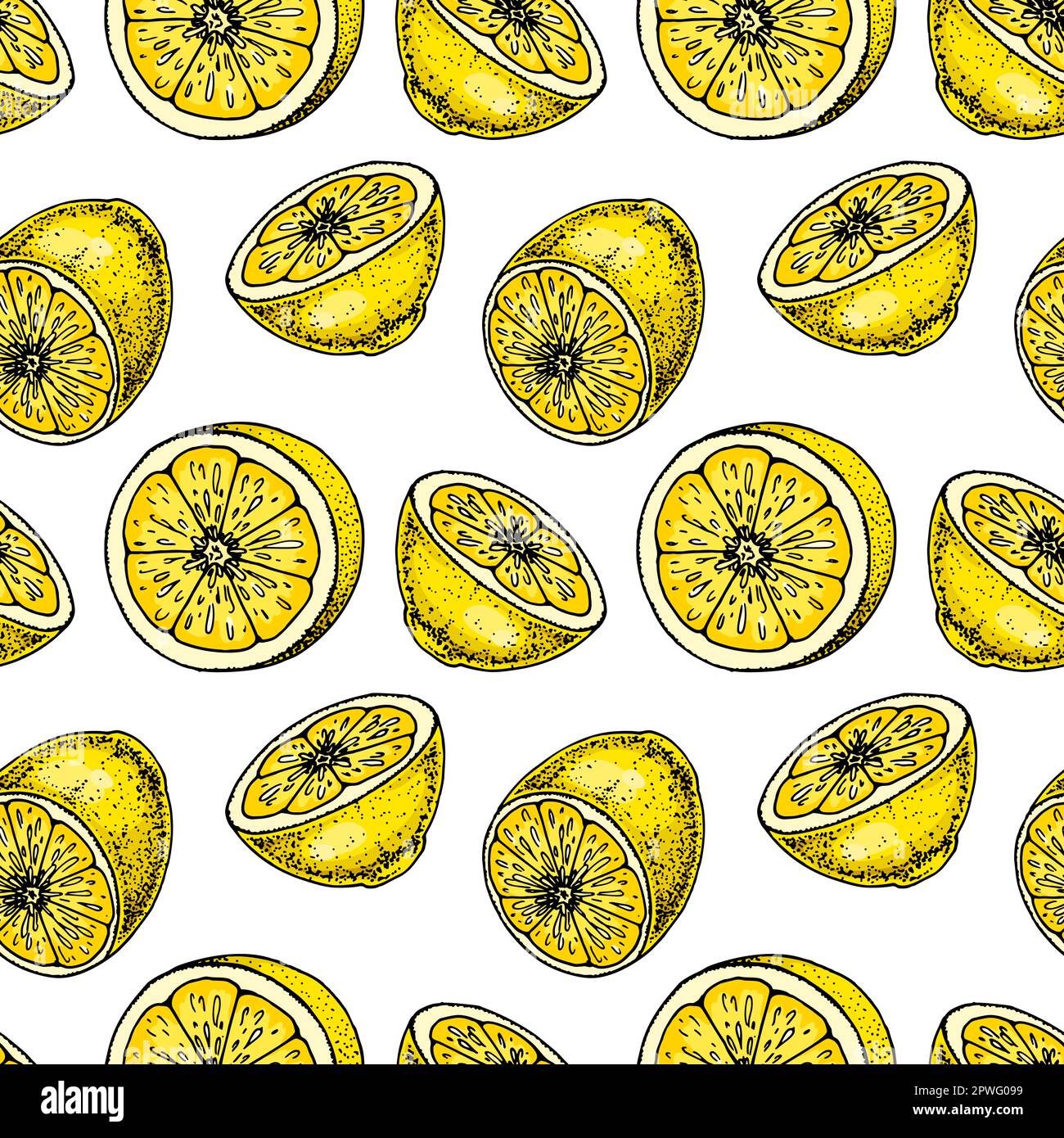 Lemon slice seamless pattern. Colorful hand drawn vector illustration in sketch style. Tropical ...
