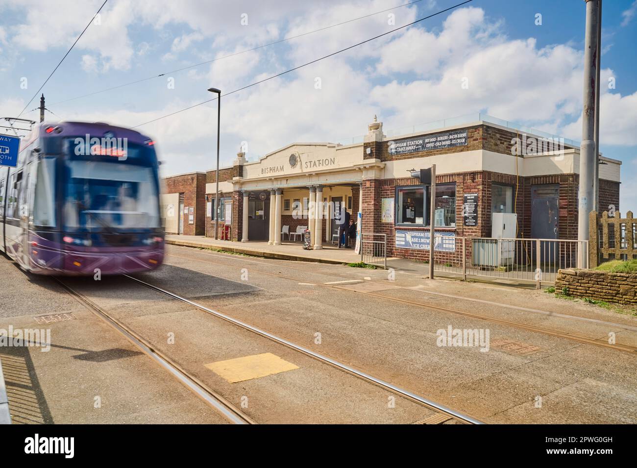 Blackpool bound tram arrives at Bispham station Stock Photo - Alamy