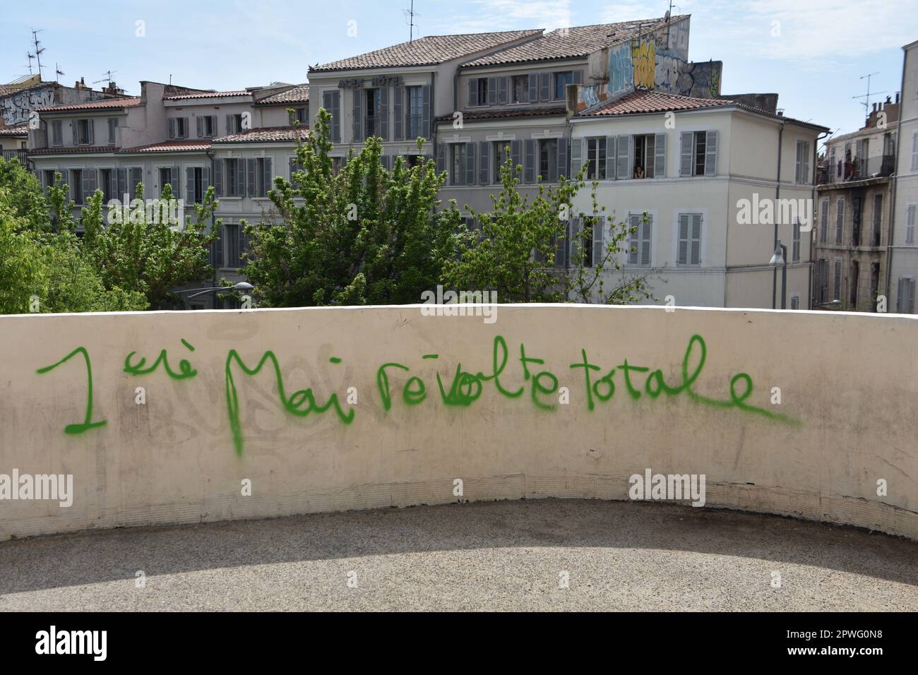 Slogans for the May Day demonstration are tagged in Marseille. On the ...