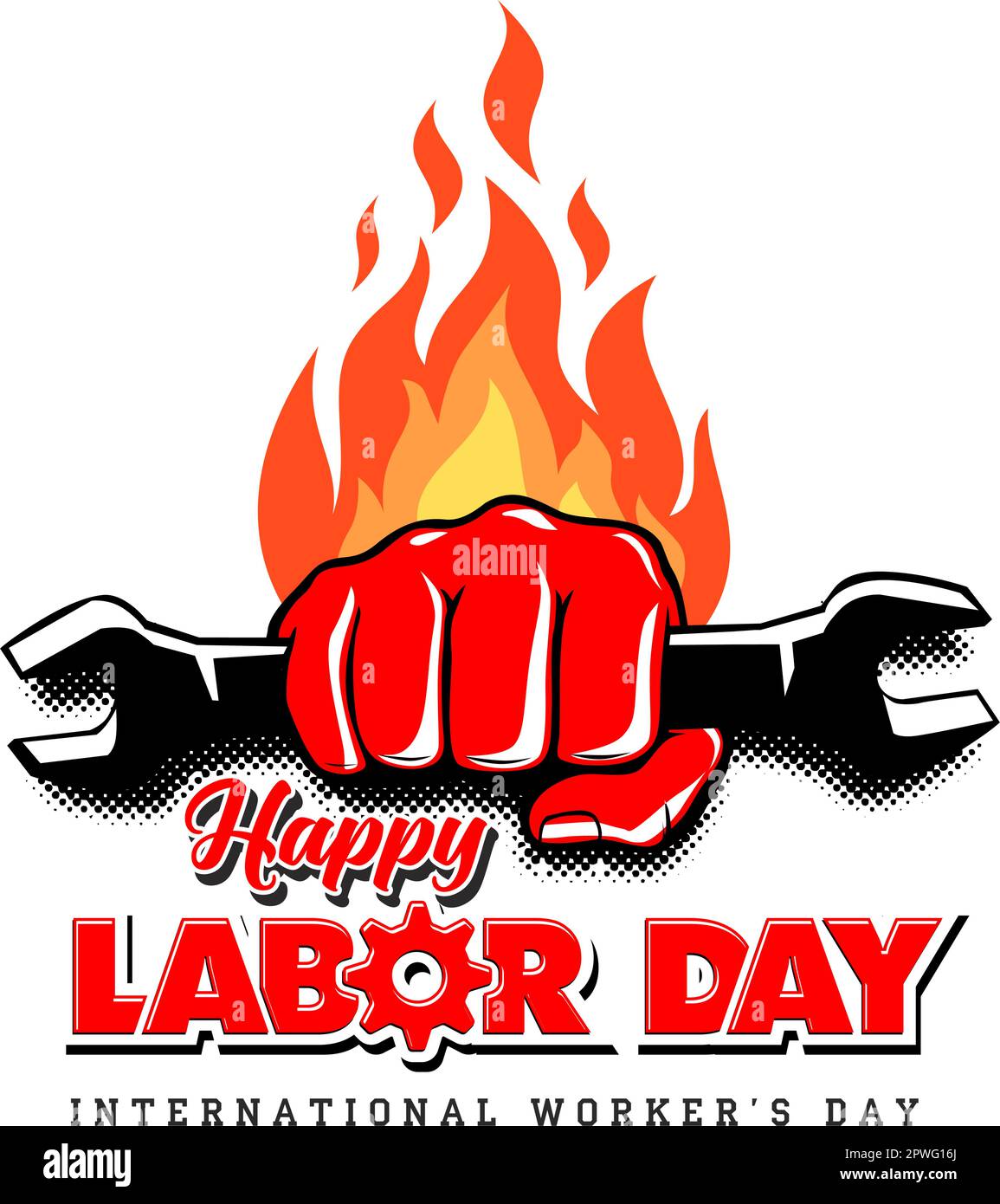Happy labour day card with red fist with wrench and flame. Vector ...