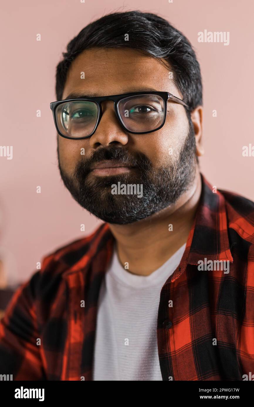 Head shot portrait smart confident smiling millennial indian man ...