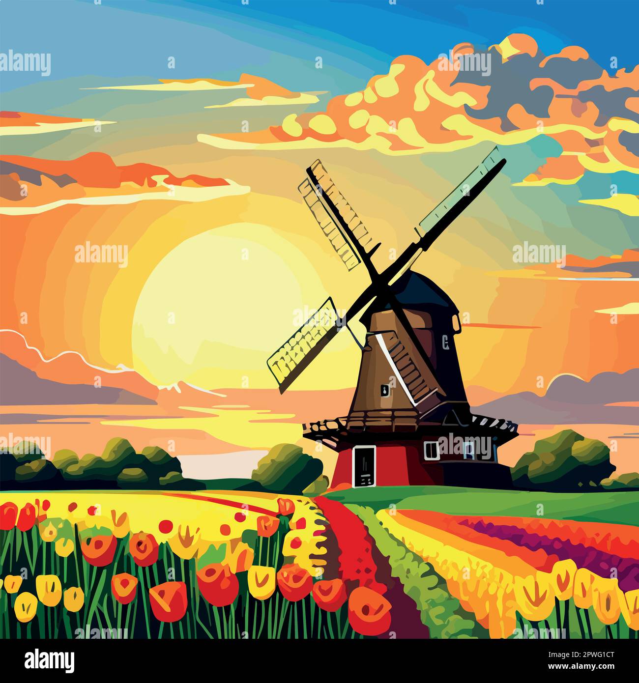 Spring tulip landscape at sunset Stock Vector Images - Alamy