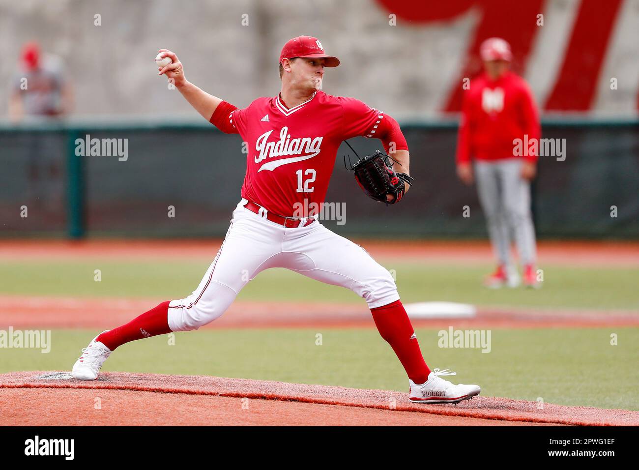 BLOOMINGTON, IN - APRIL 30: Indiana pitcher Craig Yoho (12) bring the pitch to the plate during ...